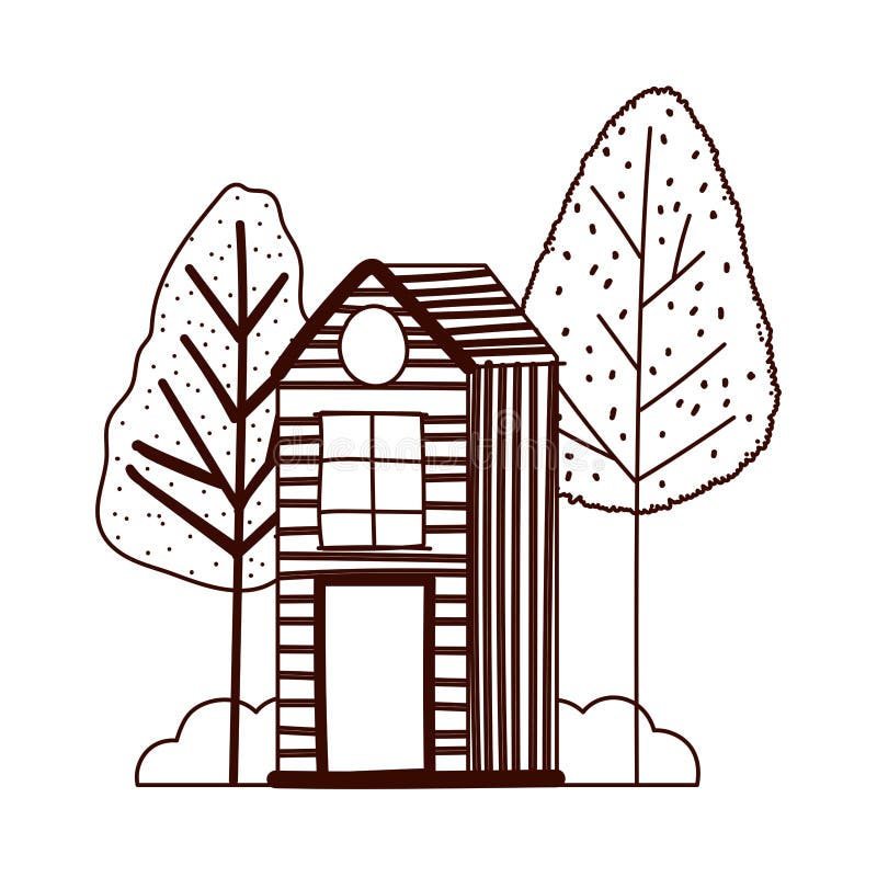 Rustic House Bush Garden Trees Isolated White Background Line Style ...