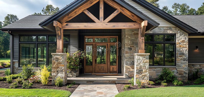 Rustic House Front Elevation Mockup with Stone Cladding Stock ...