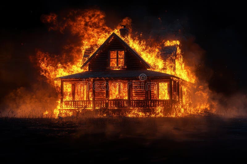 Rustic House Fully Ablaze at Night, Flames Creating a Fiery Spectacle ...