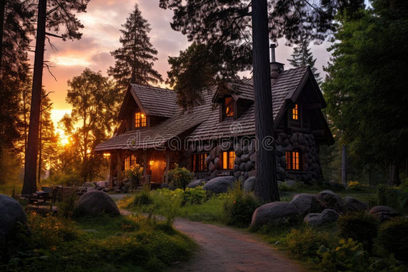 A Rustic House in the Middle of a Forest at Sunset Stock Illustration ...
