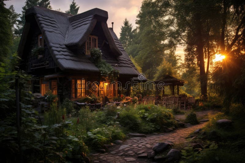 A Rustic House in the Middle of a Forest at Sunset Stock Illustration ...