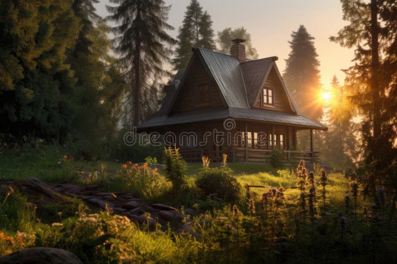 A Rustic House in the Middle of a Forest at Sunset Stock Illustration ...