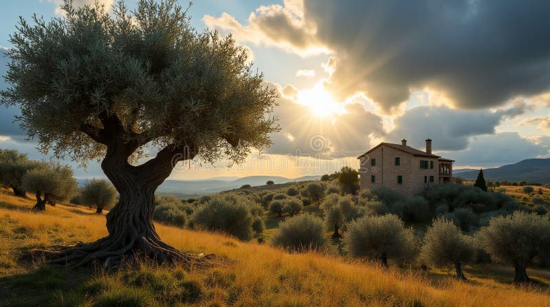 Rustic House among Olive Trees at Sunset Stock Illustration ...