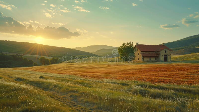 Rustic House in Rolling Countryside during Sunset with Vibrant Sky and ...