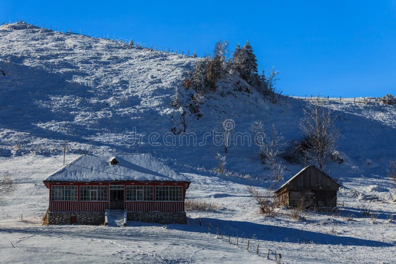Rustic House on a Snowy Field Stock Photo - Image of land, landscape ...