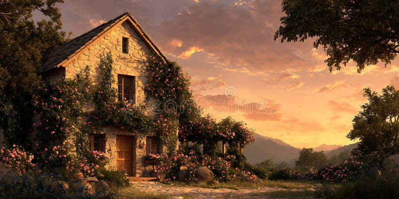 Rustic House at Sunset Idyllic Countryside Scene Stock Illustration ...
