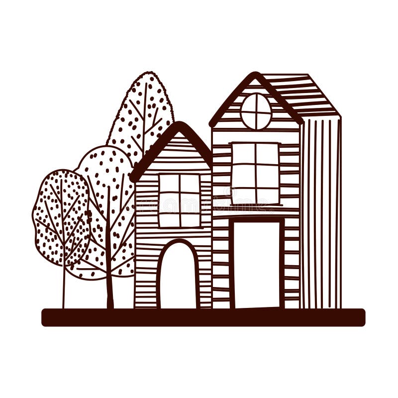 Rustic Houses Trees Foliage Isolated Design White Background Line Style ...