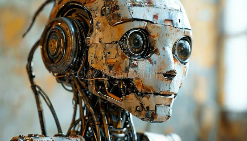 Rustic Humanoid Robot with a Weathered Appearance in a Vintage Setting ...