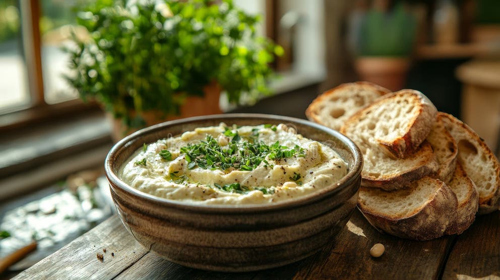 Rustic Hummus with Bread and Herbs on Wooden Table. Stock Photo - Image ...