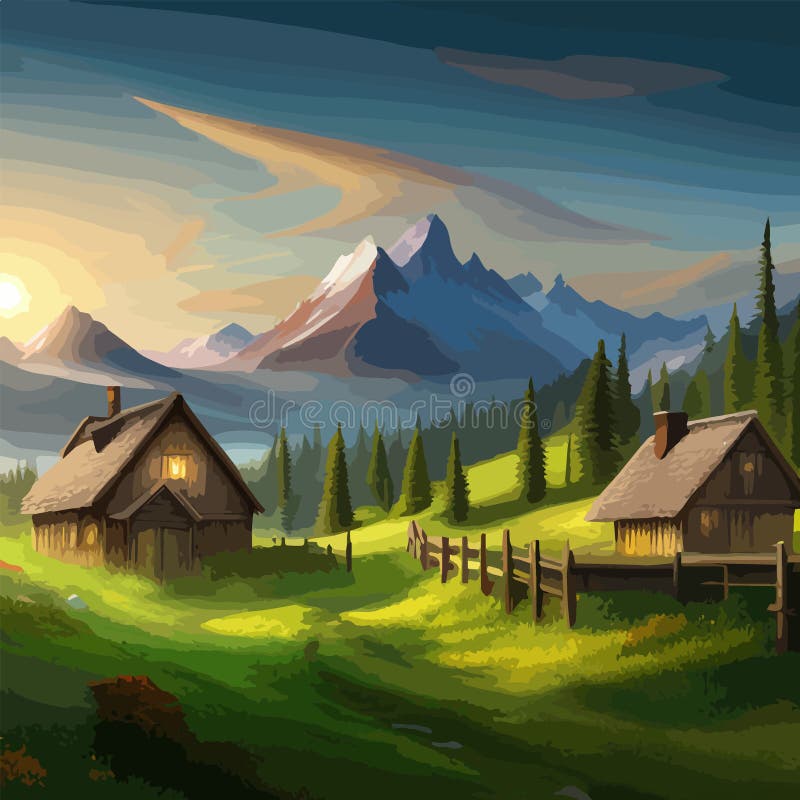Rustic Hut on Green Meadow, Mountain with Sunset Sky, Vector ...