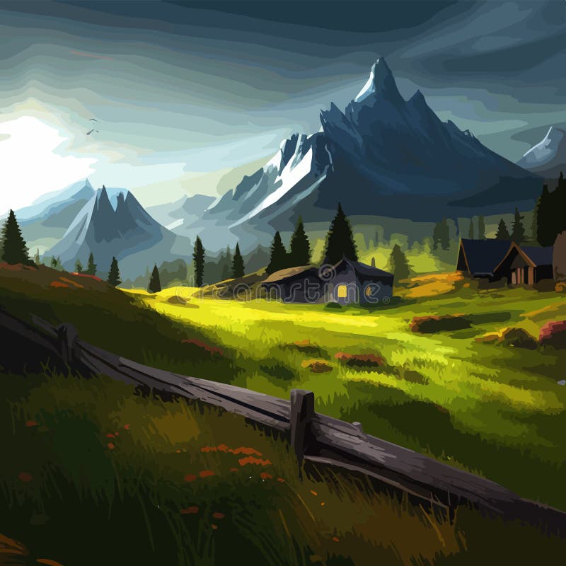 Rustic Hut on Green Meadow, Mountain with Sunset Sky, Vector ...
