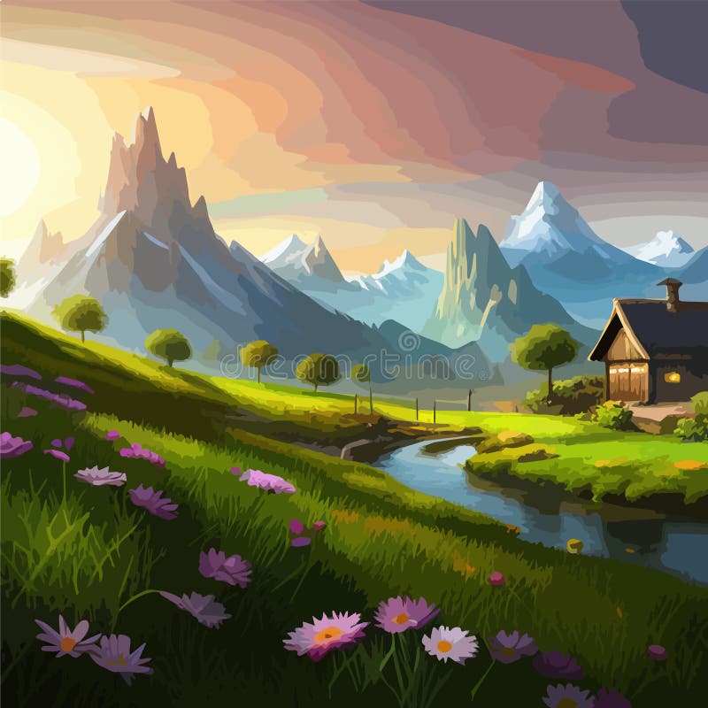 Rustic Hut on Green Meadow, Mountain with Sunset Sky, Vector ...