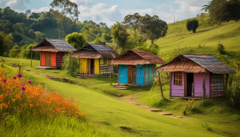 Rustic Hut on Green Meadow, Surrounded by Forest Generated by AI Stock ...