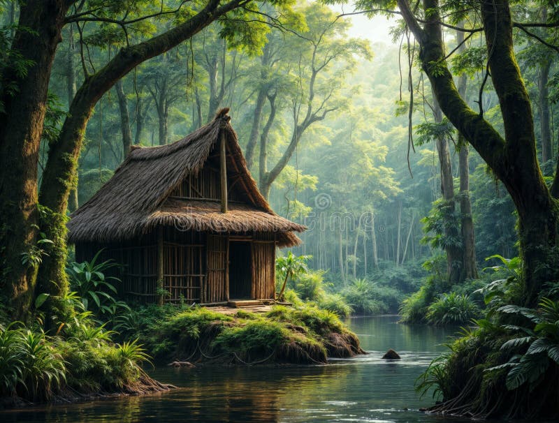 Serene Wooden Hut by a Tranquil River in a Lush Tropical Forest during ...