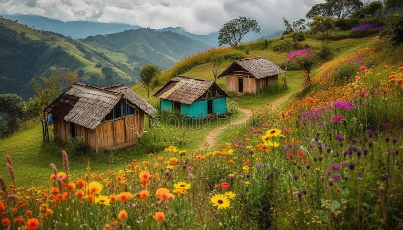 Rustic Hut on Meadow, Surrounded by Mountains Generated by AI Stock ...