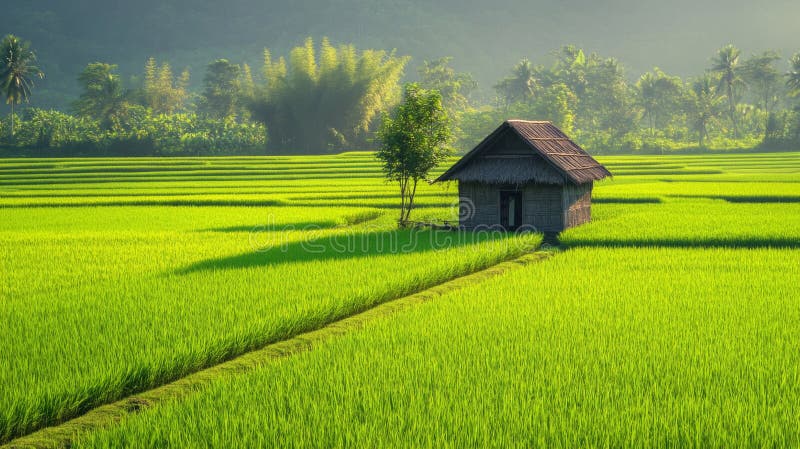 A Rustic Hut Nestled in Verdant Rice Paddy Fields Stock Illustration ...