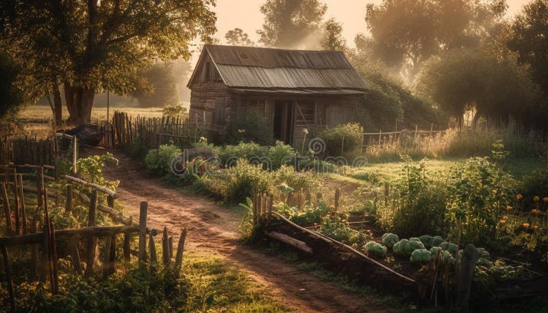 Rustic Hut on Old Farm in Tranquil Meadow Generated by AI Stock ...