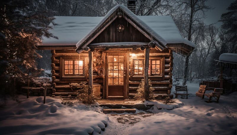 Rustic Hut in Snowy Forest Illuminated Blue Generated by AI Stock ...