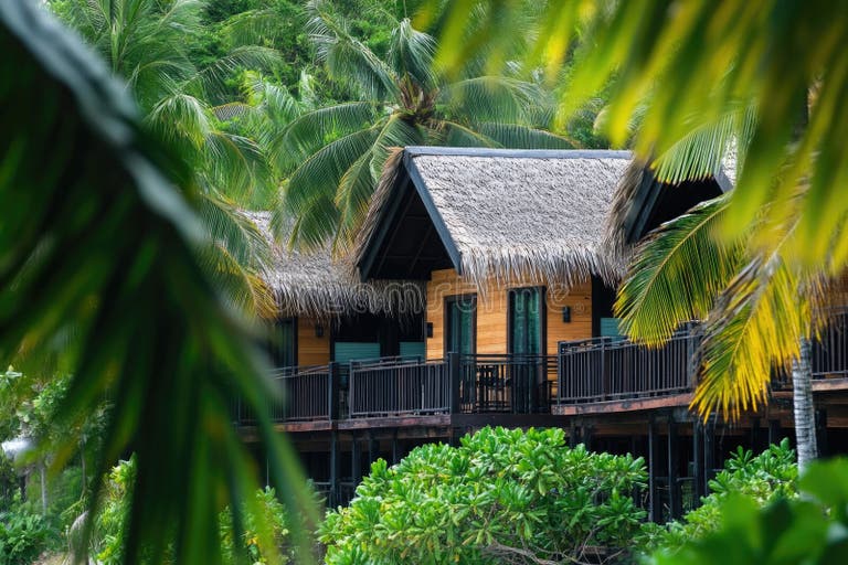 A Rustic Hut with a Thatched Roof in a Dense Jungle Environment Stock ...