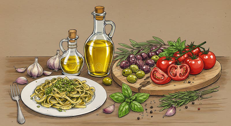 A Rustic Illustration of a Kitchen Scene Featuring Italian Cuisine. a ...