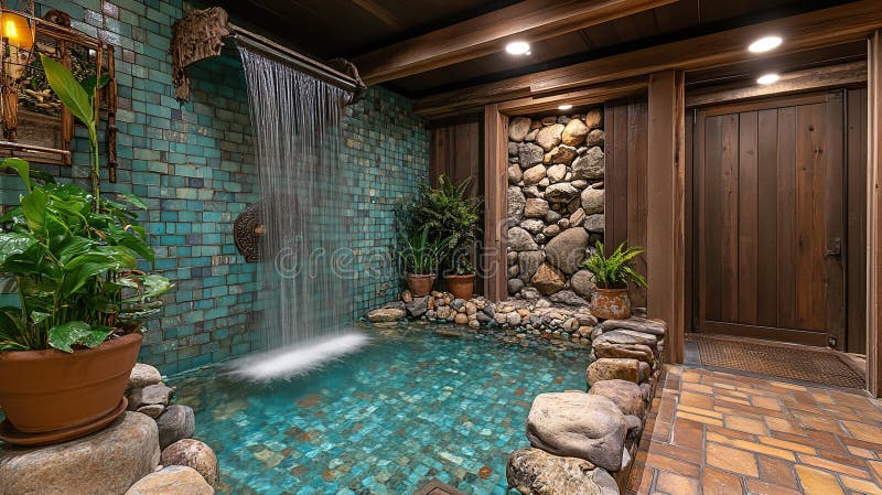 Rustic Indoor Spa with Waterfall Feature. a Tranquil Oasis with Teal ...