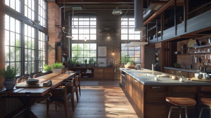 Rustic Industrial Kitchen with Brick Walls, Wooden Beams, and Large ...