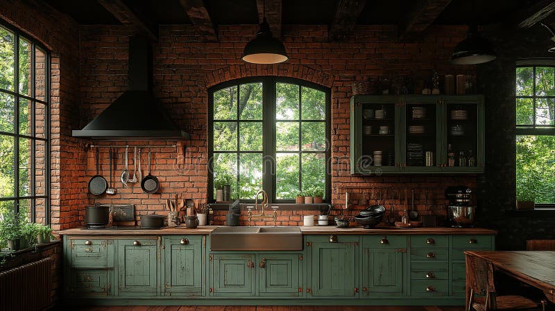 Rustic Industrial Kitchen with Large Windows Stock Photo - Image of ...