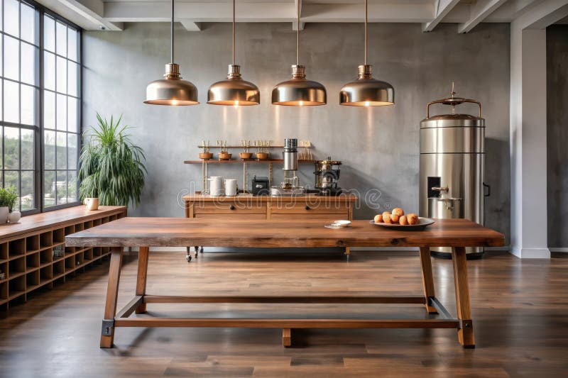 Rustic Industrial Kitchen Setting with a Large Wooden Table, Pendant ...