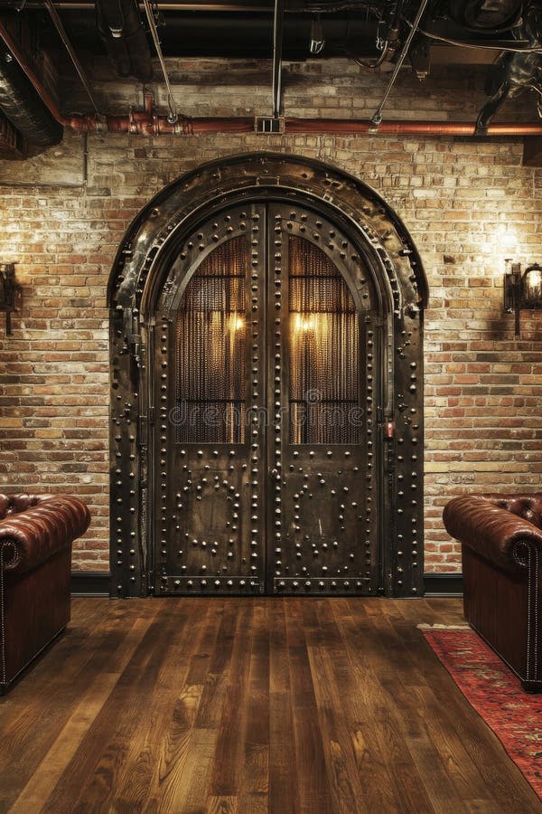 Rustic Industrial Loft Featuring an Antique Studded Metal Door Stock ...