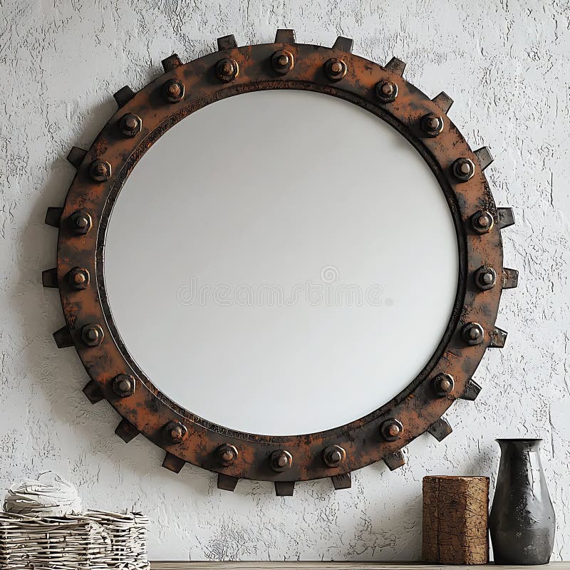 Rustic Industrial Round Mirror with Gear Frame Home Decor Mockup Stock ...