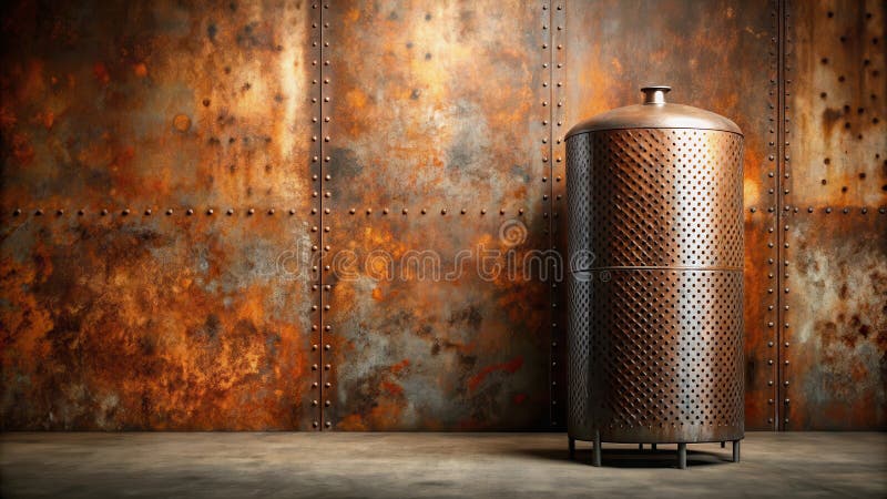 Rustic Industrial Setting with a Perforated Metal Container Against a ...