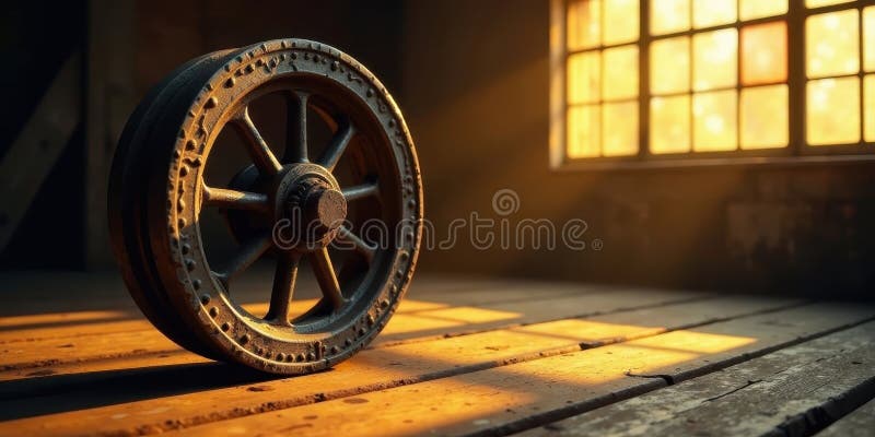 Rustic Industrial Wheel Bathed in Warm Sunlight Rests on Weathered ...