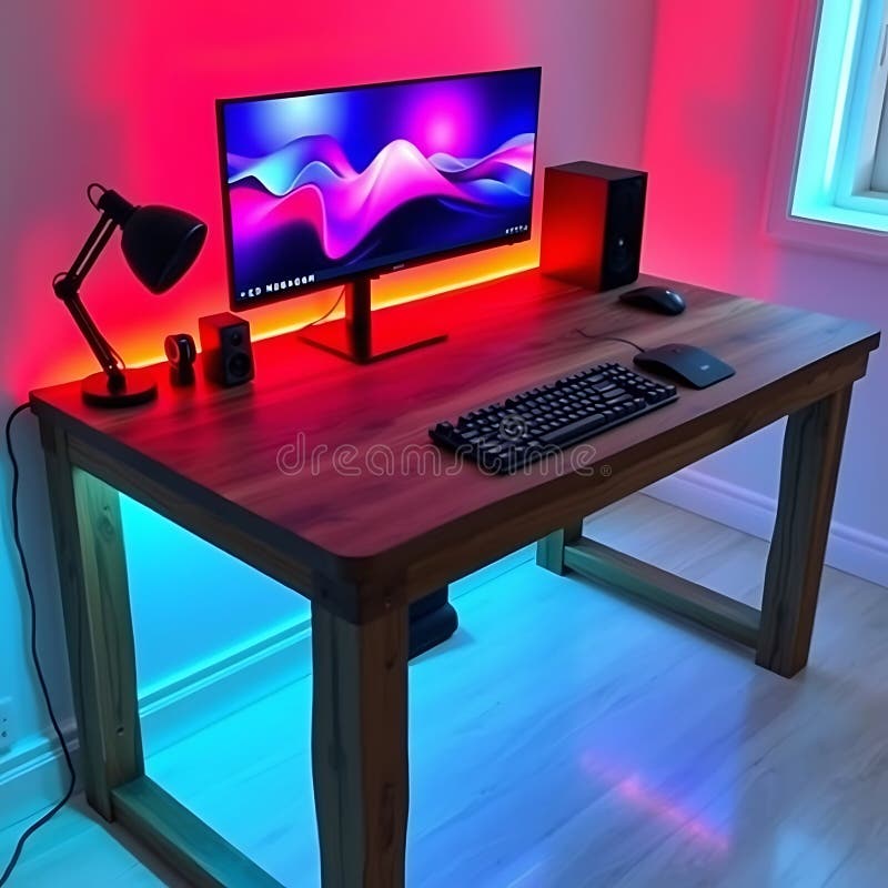 A Rustic Inspired Gaming Desk with Wooden Surface LED Backlighting and ...