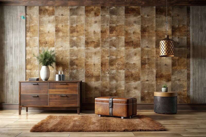 Rustic Interior Design Featuring a Wooden Chest, Leather Ottoman, and ...