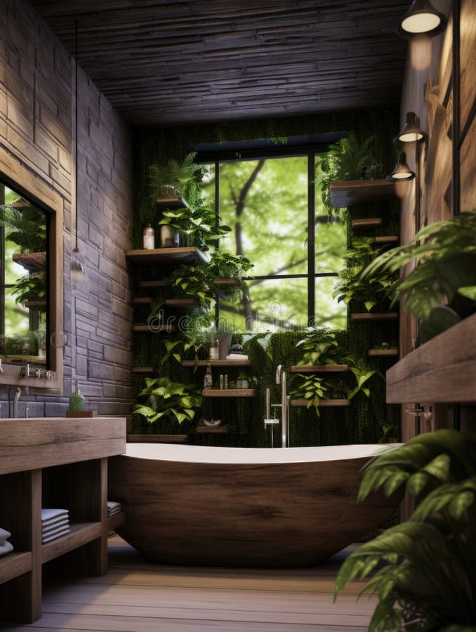 Rustic Interior Design of Modern Bathroom with Greenery Stock ...