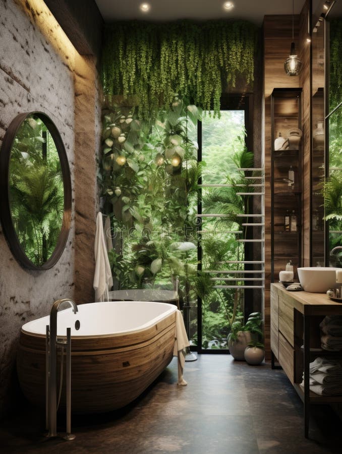 Rustic Interior Design of Modern Bathroom with Greenery Stock ...