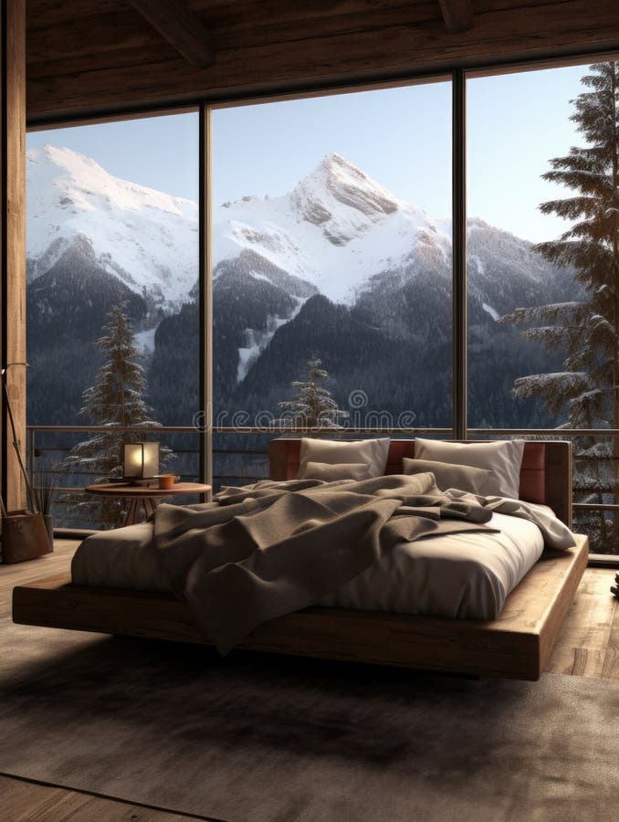 Rustic Interior Design of Modern Bedroom in Chalet with Snow Mountain ...