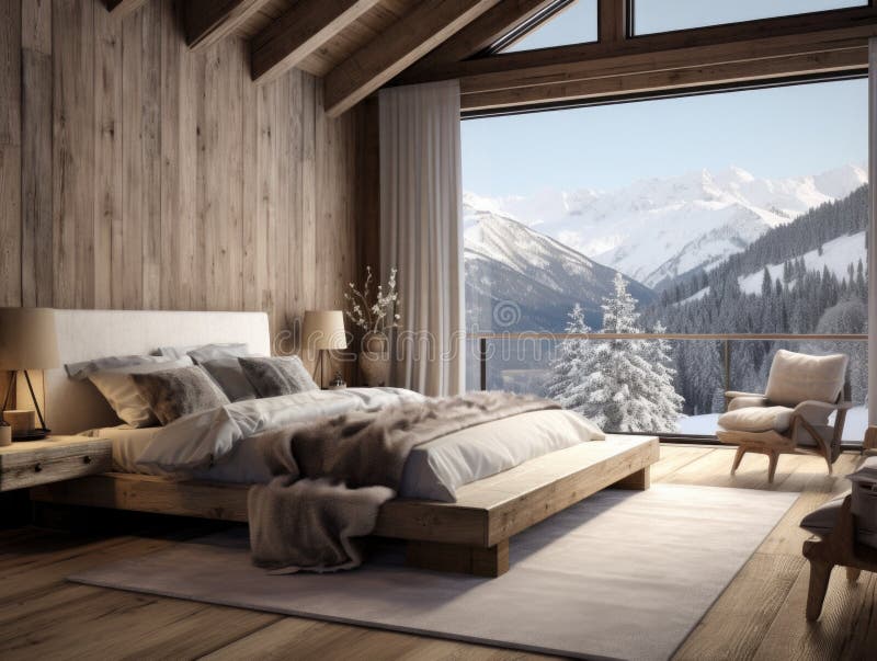 Rustic Interior Design of Modern Bedroom in Chalet with Snow Mountain ...