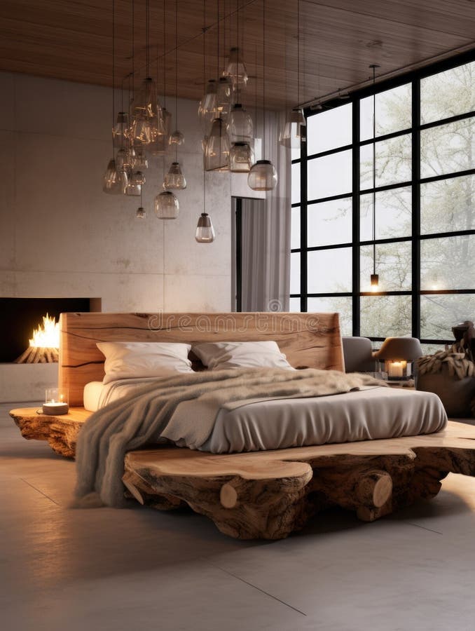 Rustic Interior Design of Modern Bedroom with Solid Wood Log Bed and ...