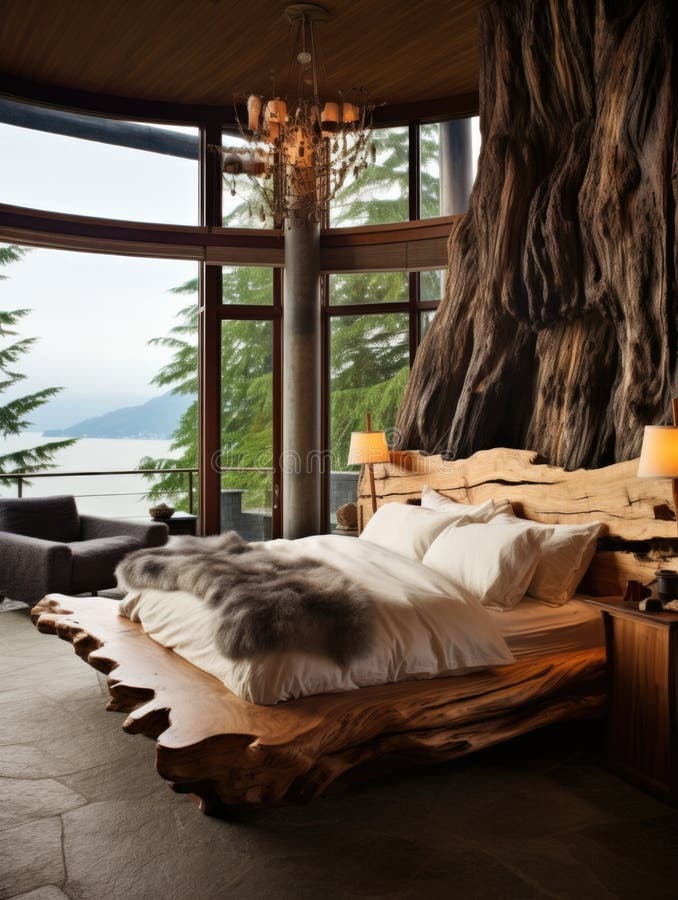 Rustic Interior Design of Modern Bedroom with Solid Wood Log Bed and ...