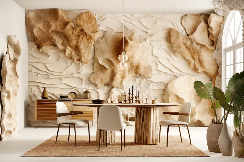 Rustic Interior Design of Modern Dining Room with Stone 3d Panel Wall ...