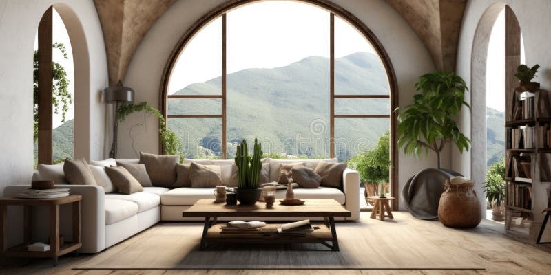 Rustic Interior Design of Modern Living Room with Arched Windows and ...