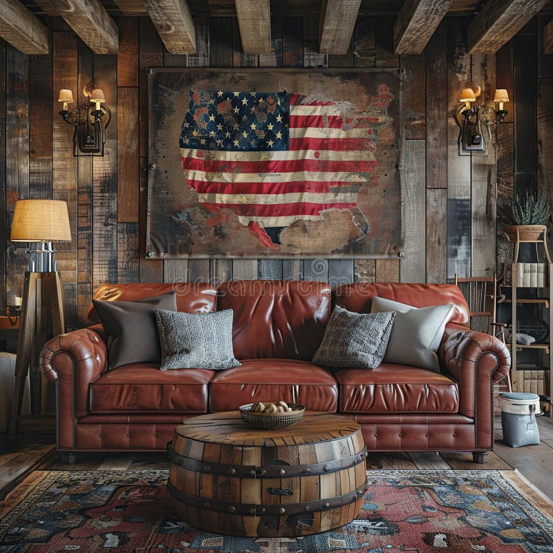 Rustic Interior with American Flag and Leather Sofa Stock Illustration ...