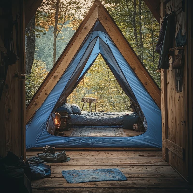 Rustic Interior of a-Frame Tent with Forest View Stock Image - Image of ...