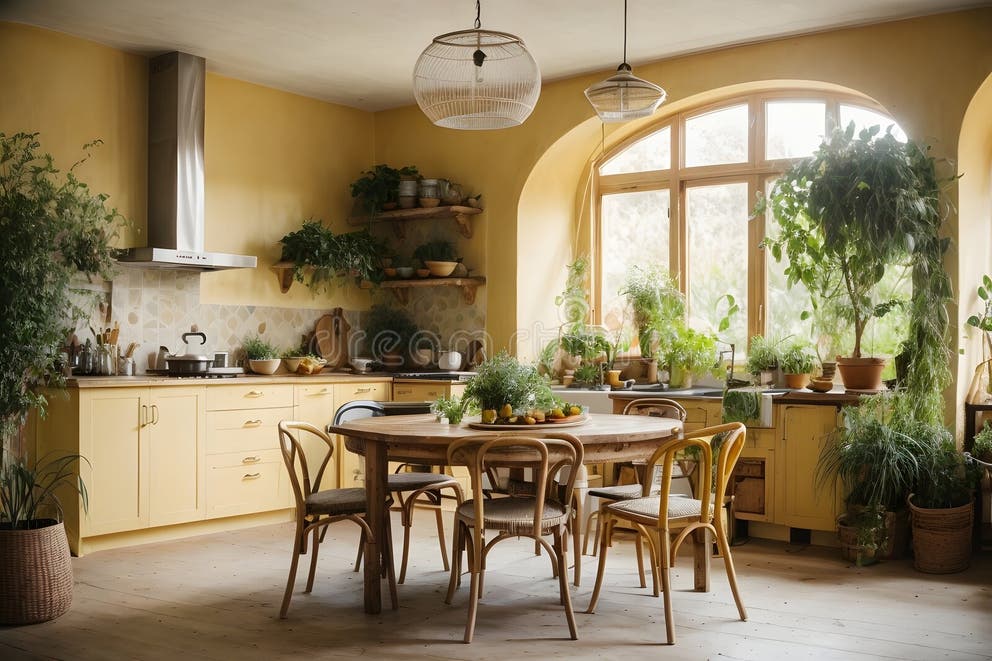 Yellow Rustic Interior Kitchen with Rounded Dining Table with Plants Around Stock Image - Image ...