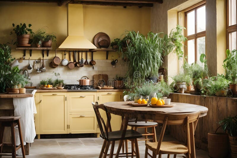 Yellow Rustic Interior Kitchen with Rounded Dining Table with Plants ...
