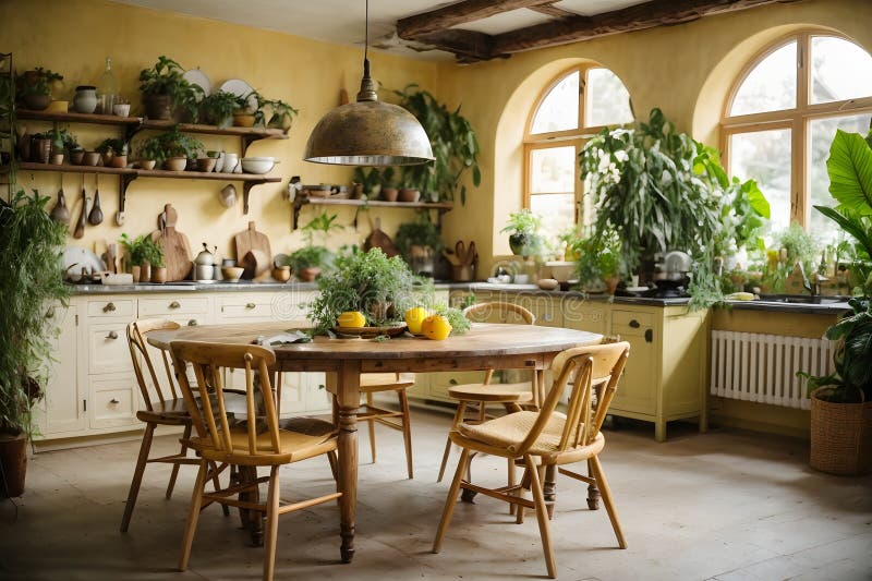 Yellow Rustic Interior Kitchen with Rounded Dining Table with Plants ...