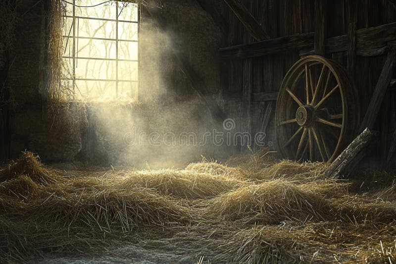 Rustic Interior of an Old Barn with Hay, Rope, and a Wagon Wheel Bathed ...