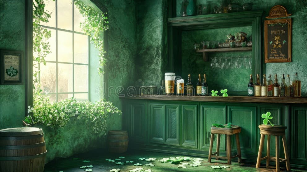 Rustic Irish Pub Interior with Green Decor and Sunlight Stock ...