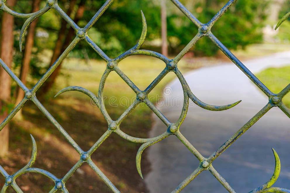 Rustic Iron Fence with Moon Design in Lush Garden Setting Stock Photo ...